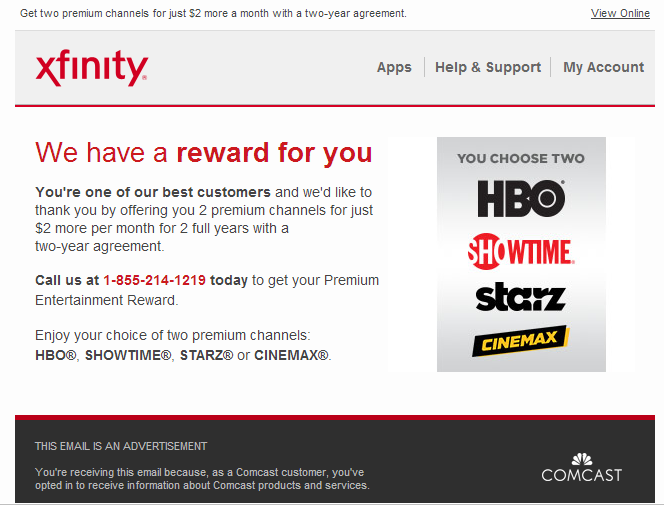 $2 a month for two premium channel from Xfinity (2y Contract) - General ...