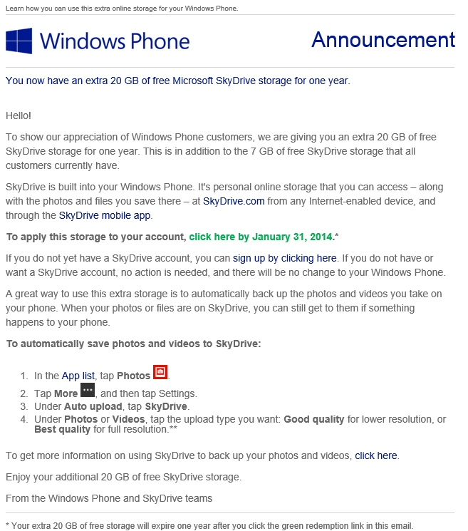 Extra 20 GB of free Microsoft SkyDrive storage for one year - Windows Phone/Mobile - Neowin