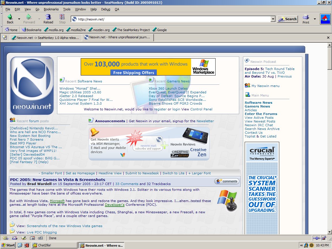 SeaMonkey 1.0 Alpha released - Back Page News - Neowin
