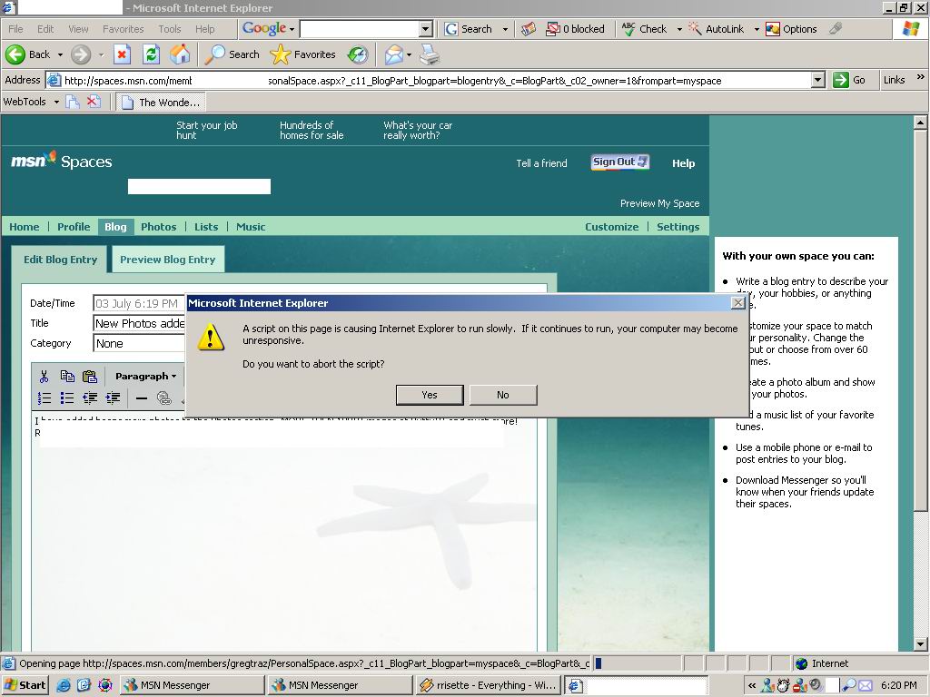 Internet Explorer And Msn Spaces Script Error Web Browser Discussion