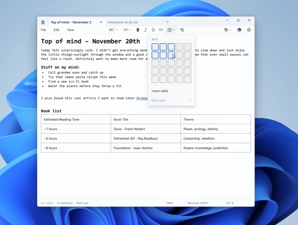 You can now have tables in Notepad on Windows 11 - Neowin